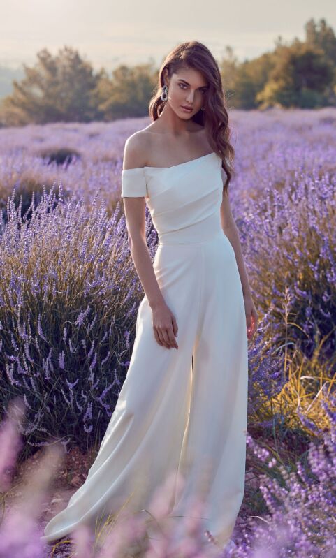 70014 Pleated Bodice Off The Shoulder Bridal Jumpsuit